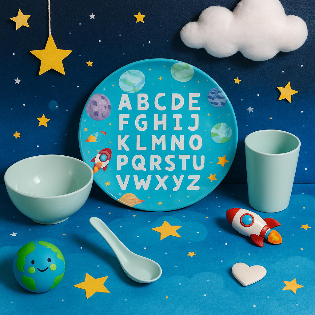 4 Pcs. Kids Tableware Set (Space Letters) – Five Star Melamine